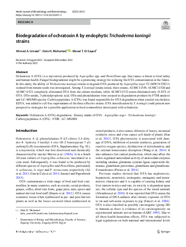(PDF) Biodegradation of ochratoxin A by endophytic Trichoderma koningii strains