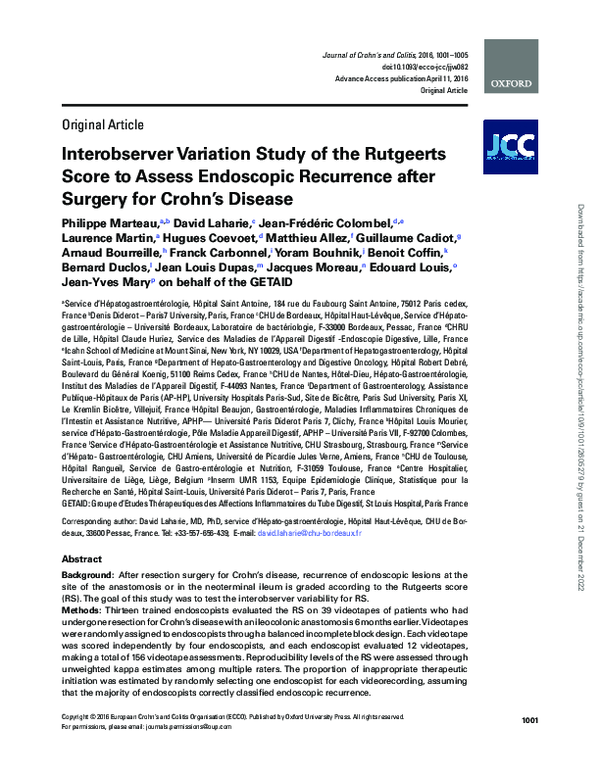 (PDF) Interobserver Variability in Rutgeerts Score for Crohn's Disease