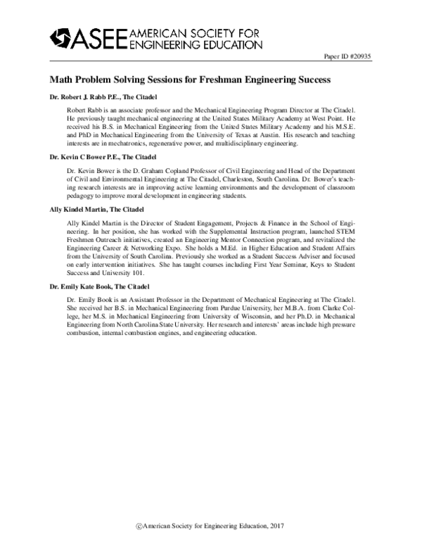 (PDF) Math Problem Solving Sessions for Freshman Engineering Success