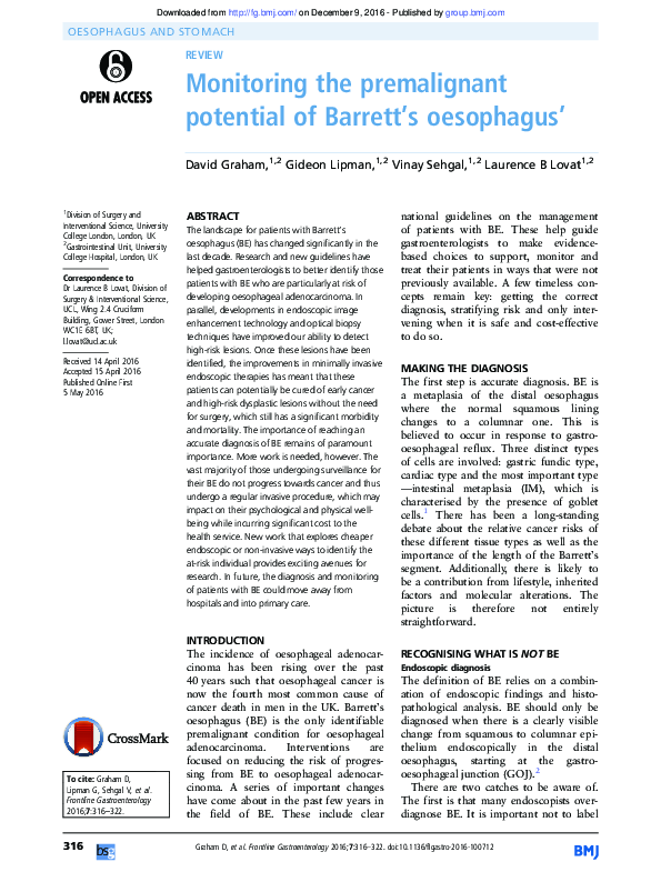 (PDF) Monitoring the premalignant potential of Barrett's oesophagus