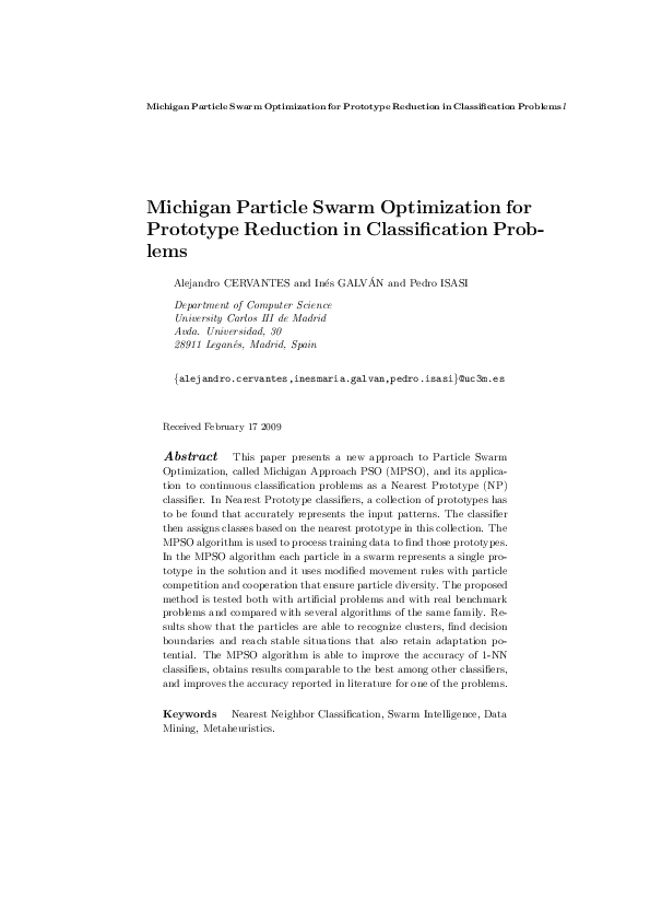 (PDF) Michigan Particle Swarm Optimization for Prototype Reduction in Classification Problems