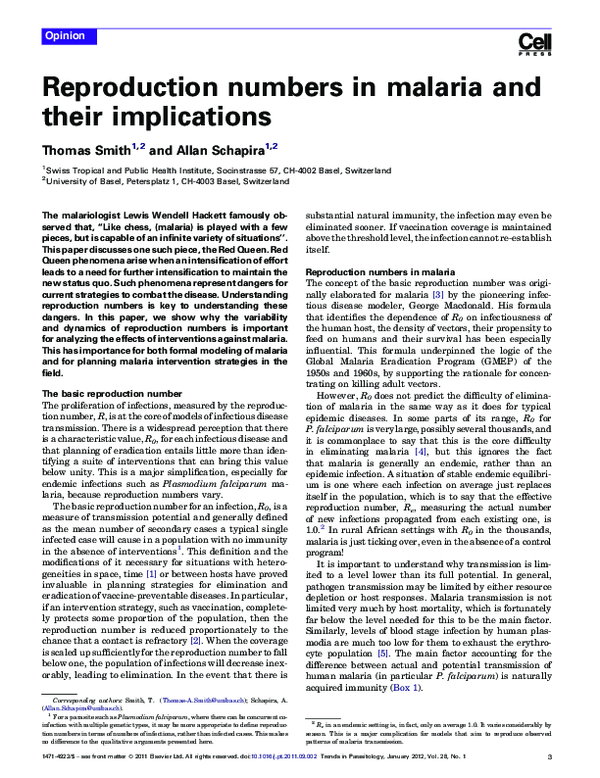 (PDF) Reproduction numbers in malaria and their implications