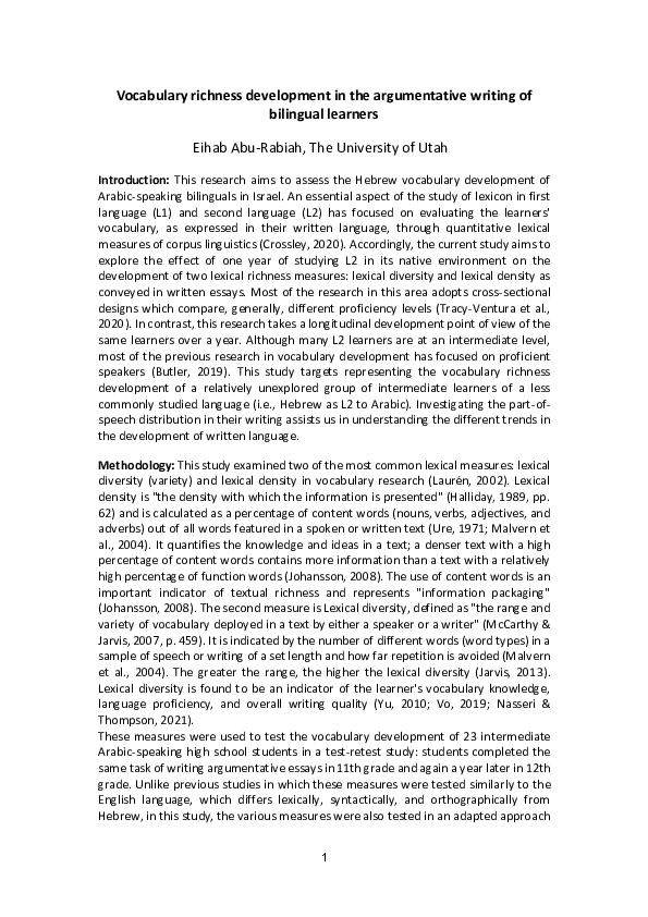 Vocabulary richness development in the argumentative writing of bilingual learners