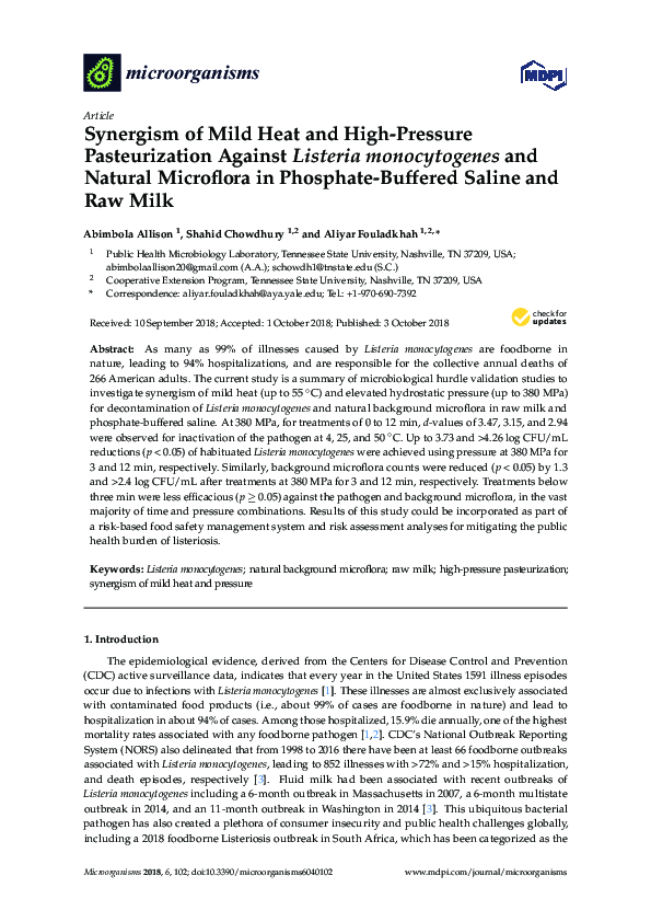 (PDF) Synergism of Mild Heat and High-Pressure Pasteurization Against ...