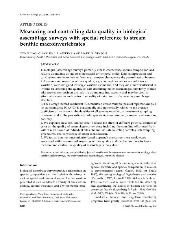(PDF) Measuring and controlling data quality in biological assemblage ...