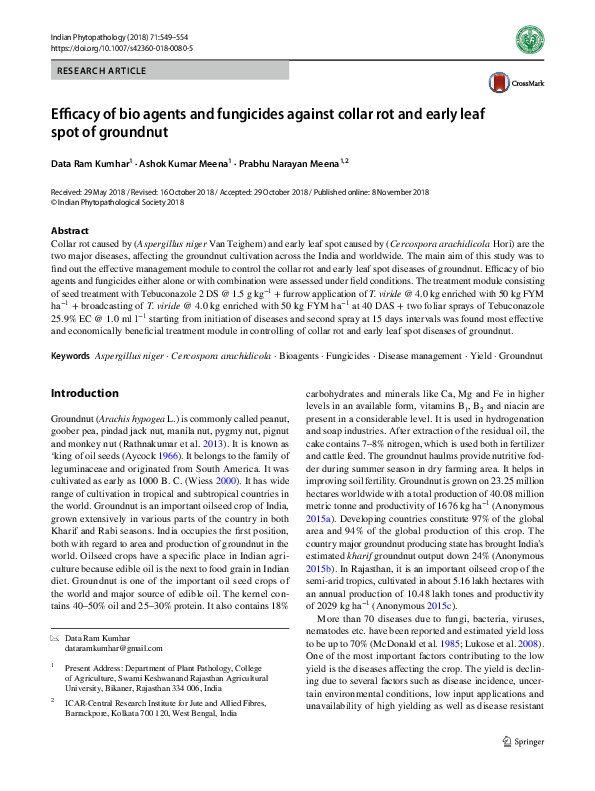 (PDF) Efficacy of bio agents and fungicides against collar rot and ...