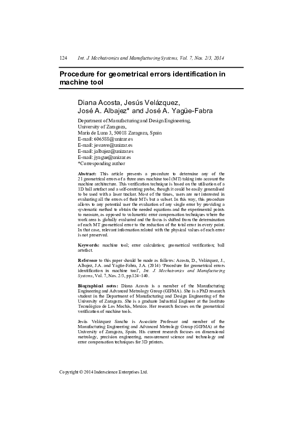 Pdf Procedure For Geometrical Errors Identification In Machine Tool