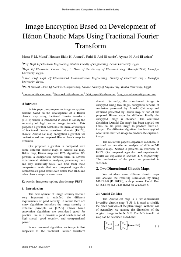(PDF) Image Encryption Based on Development of Hénon Chaotic Maps using Fractional Fourier Transform