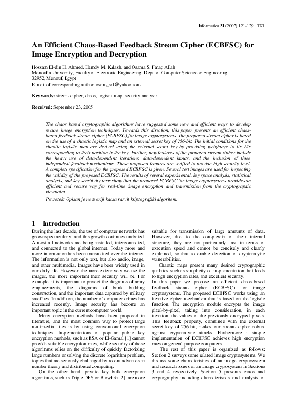 (PDF) An efficient chaos-based feedback stream cipher (ECBFSC) for image encryption and decryption