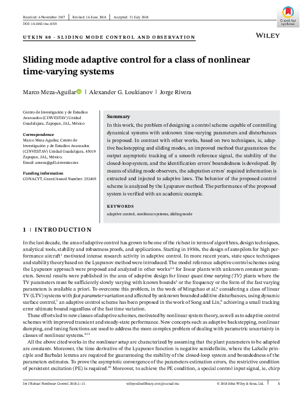 Pdf Sliding Mode Adaptive Control For A Class Of Nonlinear Time