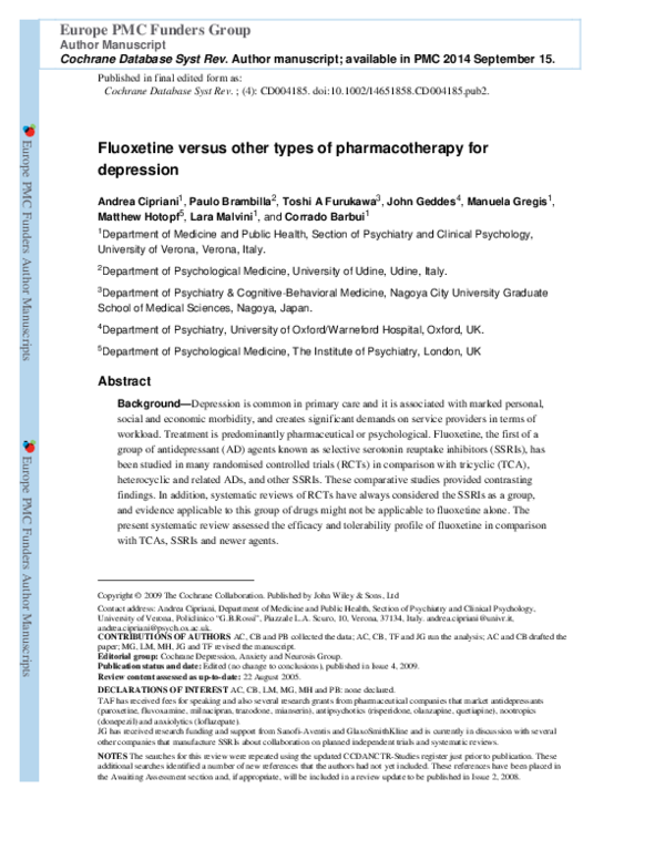 (PDF) Fluoxetine versus other types of pharmacotherapy for depression