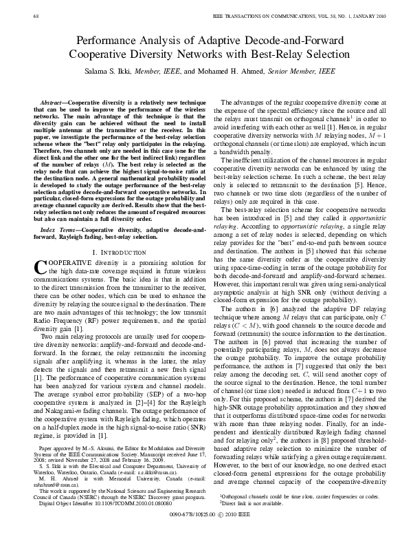 Pdf Performance Analysis Of Adaptive Decode And Forward Cooperative Diversity Networks With