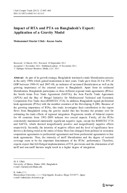 (PDF) Impact of RTA and PTA on Bangladesh’s Export: Application of a ...