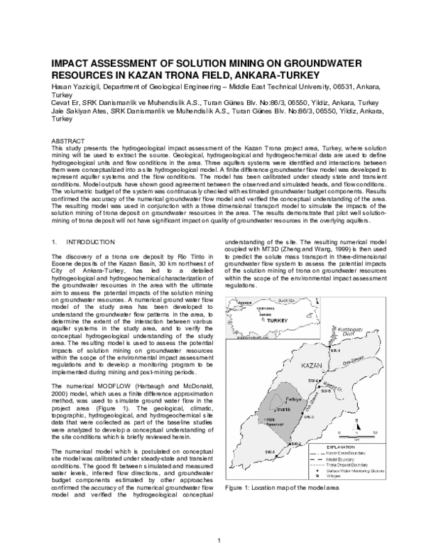 (PDF) Impact Assessment of Solution Mining on Groundwater Resources in Kazan Trona Field, Ankara ...