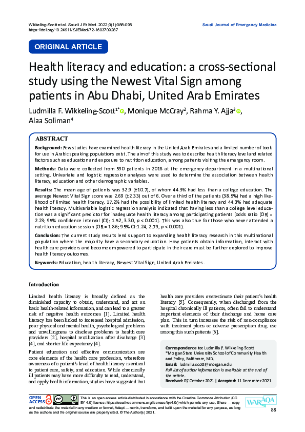 (PDF) Health literacy and education: a cross-sectional study using the ...