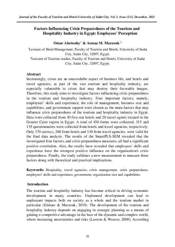 (PDF) Factors Influencing Crisis Preparedness of the Tourism and Hospitality Industry in Egypt ...