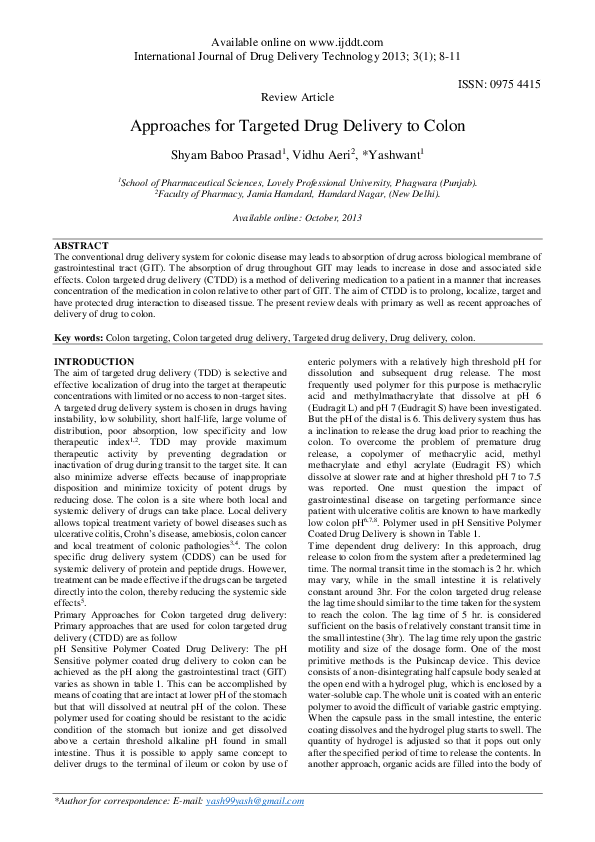 (PDF) Approaches for Targeted Drug Delivery to Colon