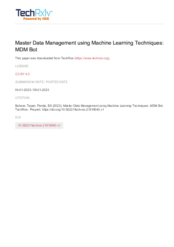 (PDF) Master Data Management using Machine Learning Techniques: MDM Bot (PDF) Master Data Management using Machine Learning Techniques: MDM Bot
