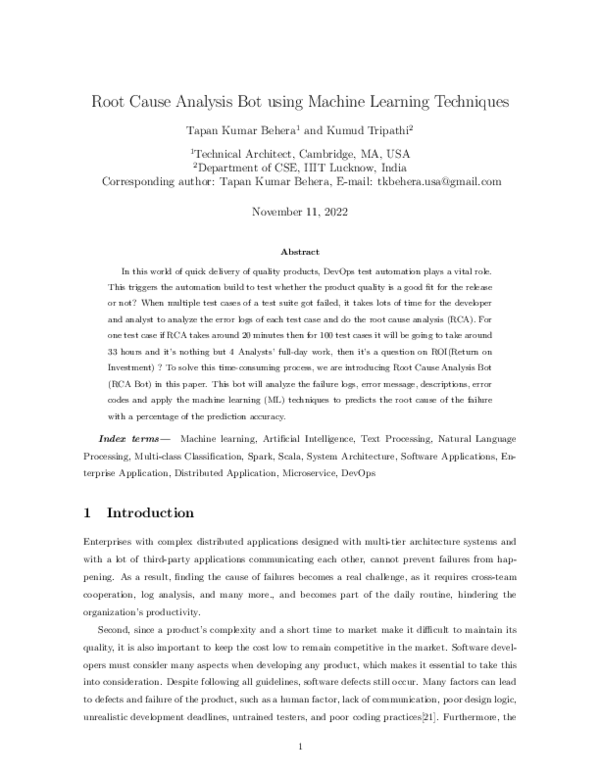 (PDF) Root Cause Analysis Bot using Machine Learning Techniques