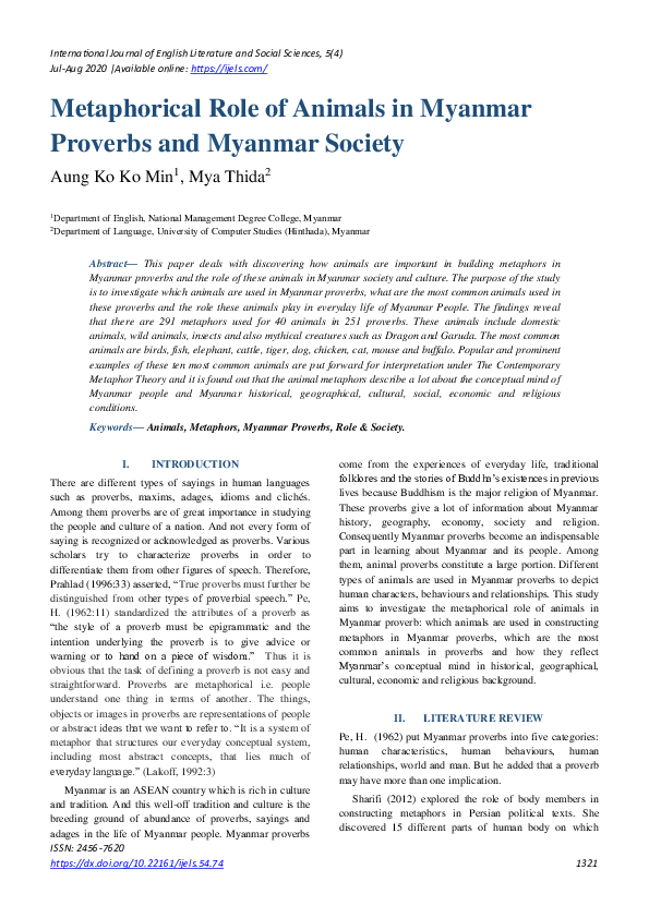 (PDF) Metaphorical Role of Animals in Myanmar Proverbs and Myanmar Society
