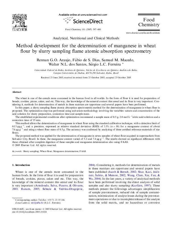 (PDF) Method development for the determination of manganese in wheat flour by slurry sampling ...