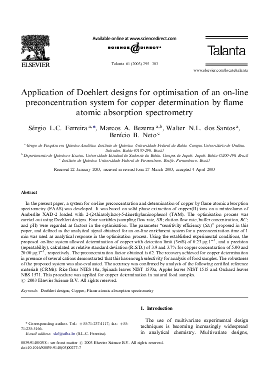 Pdf Application Of Doehlert Designs For Optimisation Of An On Line Preconcentration System For
