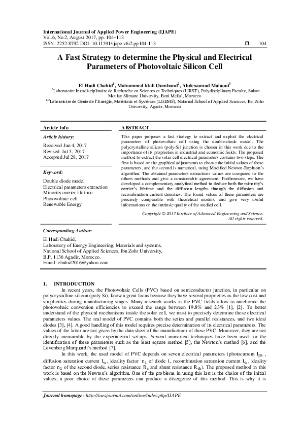 (PDF) A Fast Strategy to determine the Physical and Electrical Parameters of Photovoltaic ...