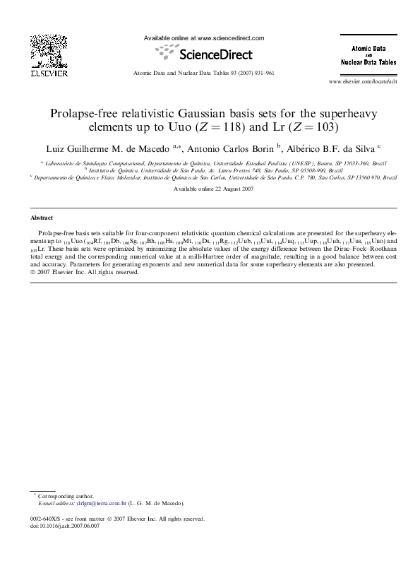 (PDF) Prolapse-free relativistic Gaussian basis sets for the superheavy ...