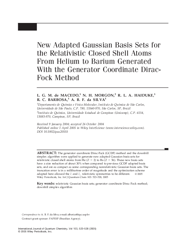 (PDF) New adapted Gaussian basis sets for the relativistic closed shell ...