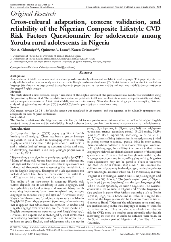 (PDF) Cross-cultural adaptation, content validation, and reliability of the Nigerian Composite ...
