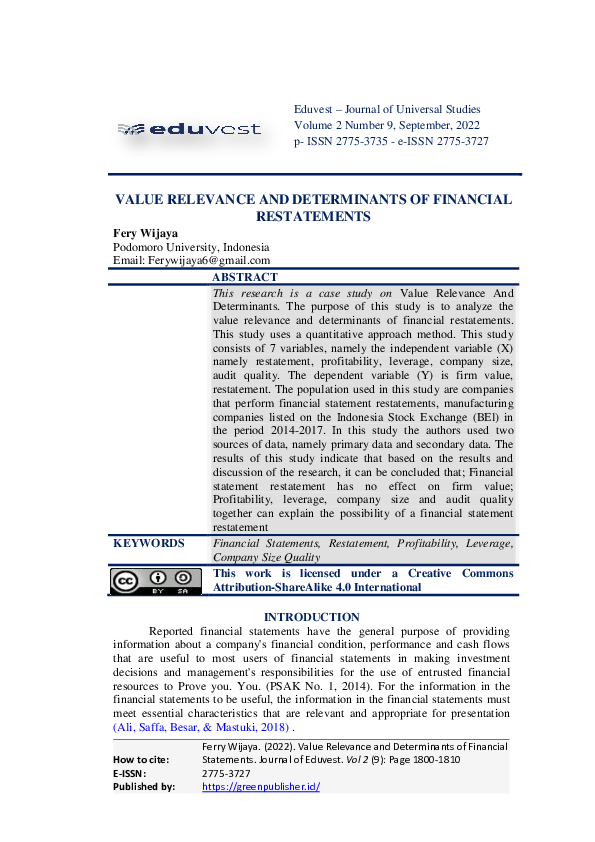 (PDF) Relevance of Value and Determinants of Restatement Financial ...