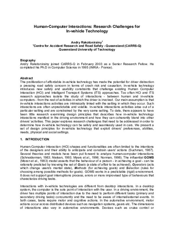 (PDF) Human-computer interactions: Research challenges for in-vehicle ...