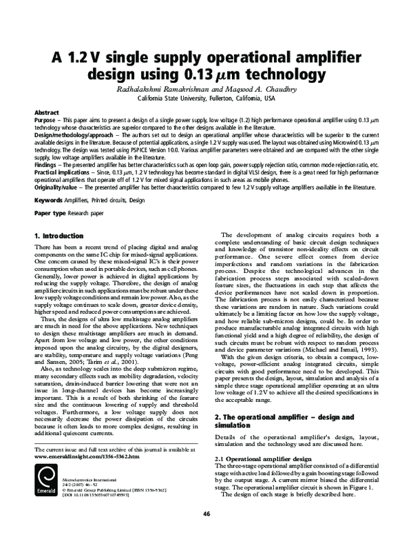 (PDF) A 1.2 V single supply operational amplifier design using 0.13 μm ...
