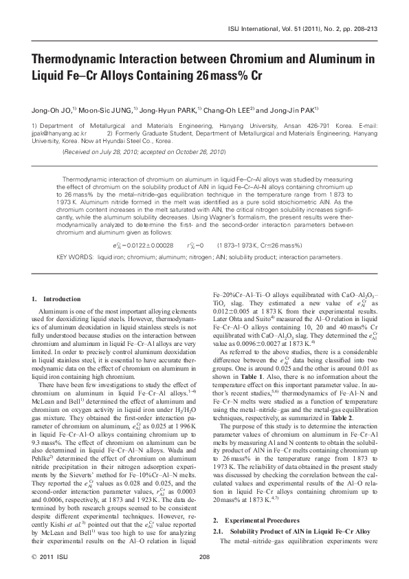 (PDF) Thermodynamic Interaction between Chromium and Aluminum in Liquid Fe–Cr Alloys Containing ...