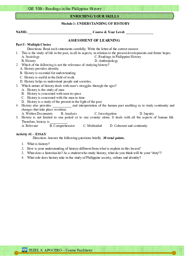 (DOC) WORKSHEETS IN READINGS IN THE PHILIPPINE HISTORY