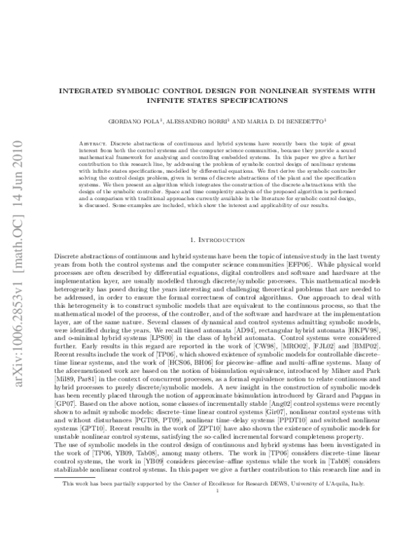 Pdf Integrated Symbolic Control Design For Nonlinear Systems With Infinite States