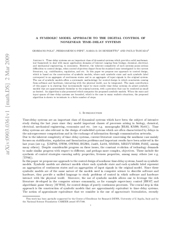 (PDF) A symbolic model approach to the digital control of nonlinear time-delay systems