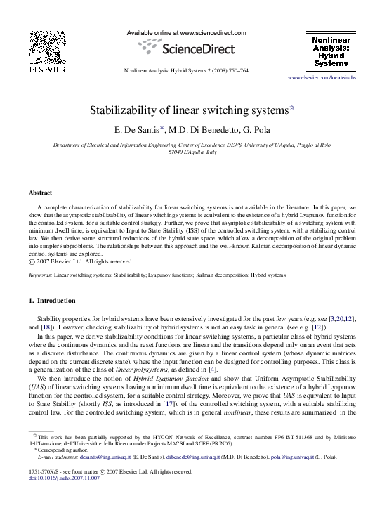 (PDF) Stabilizability of linear switching systems