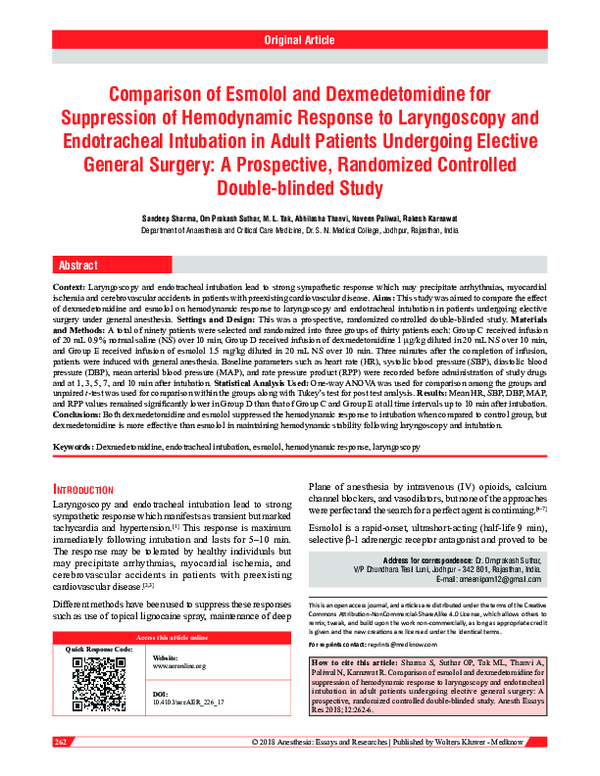 (PDF) Comparison of Esmolol and Dexmedetomidine for Suppression of ...