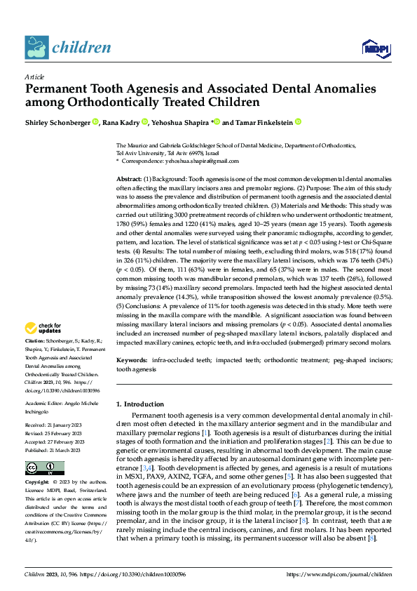 (PDF) Permanent Tooth Agenesis and Associated Dental Anomalies among ...