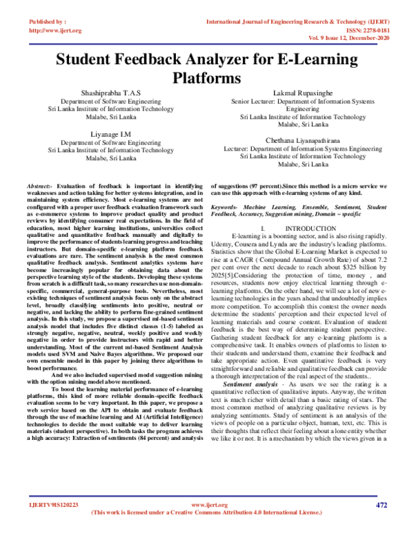 (PDF) Student Feedback Analyzer for E-Learning Platforms