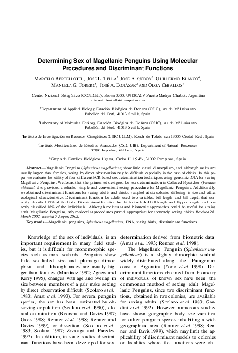 Pdf Determining Sex Of Magellanic Penguins Using Molecular Procedures 1382