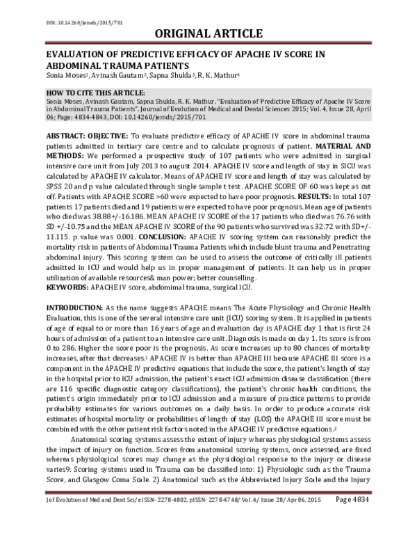 (PDF) Evaluation of Predictive Efficacy of Apache IV Score in Abdomi N ...