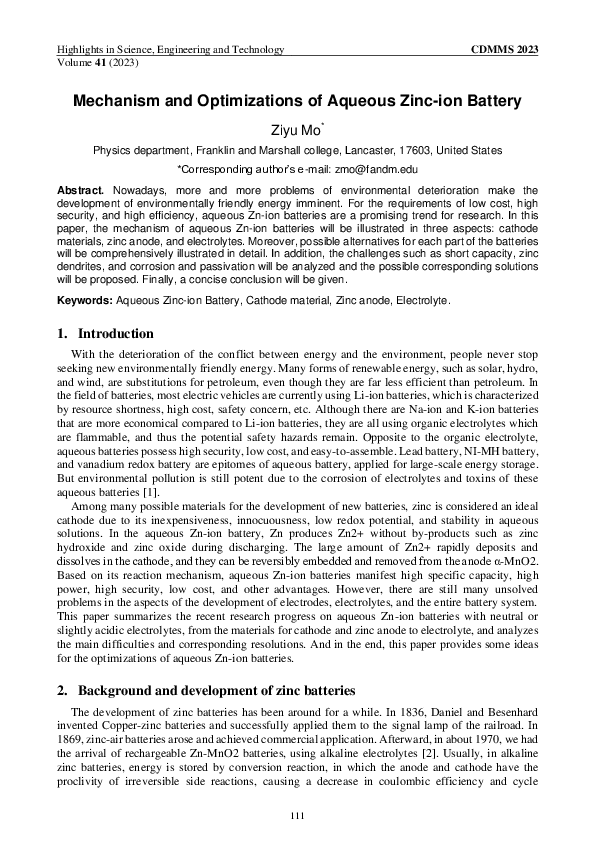 (PDF) Mechanism and Optimizations of Aqueous Zinc-ion Battery
