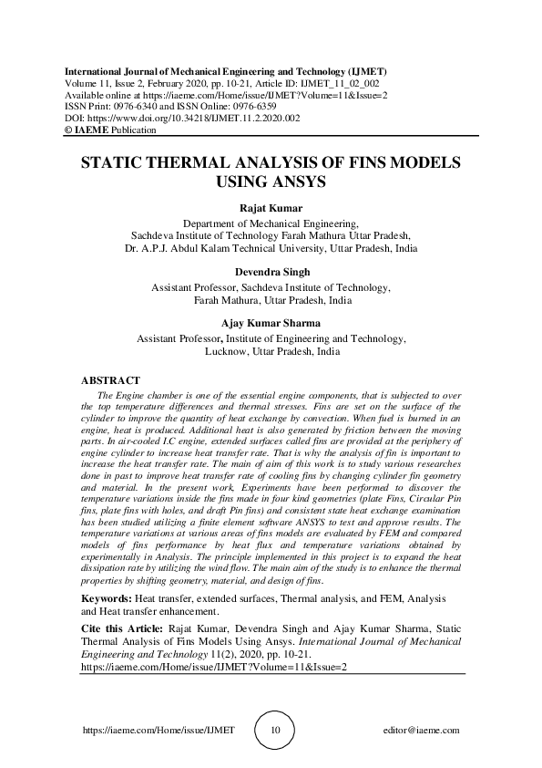 (PDF) Static Thermal Analysis of Fins Models Using Ansys