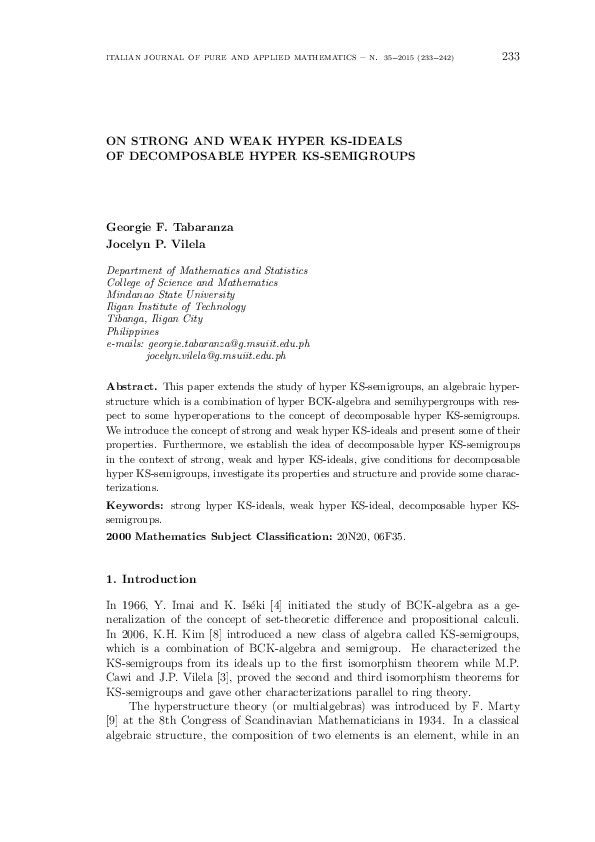 (PDF) On Strong and Weak Hyper KS-Ideals of Decomposable Hyper KS-Semigroups