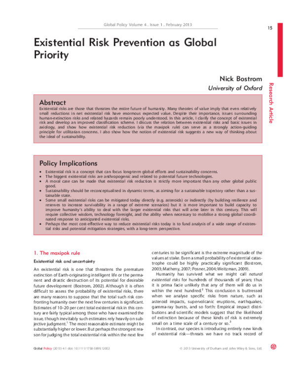 (PDF) Existential Risk Prevention as Global Priority
