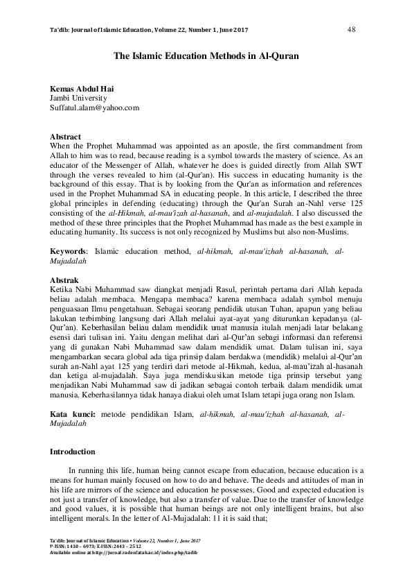 (PDF) The Islamic Education Methods in Al-Quran