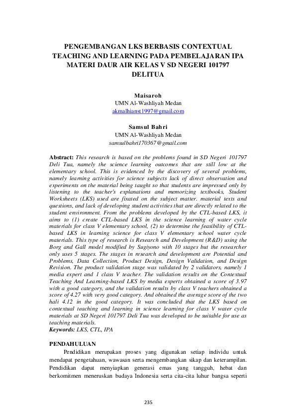 (PDF) Pengembangan LKS Berbasis Contextual Teaching and Learning Pada Pembelajaran Ipa Materi ...