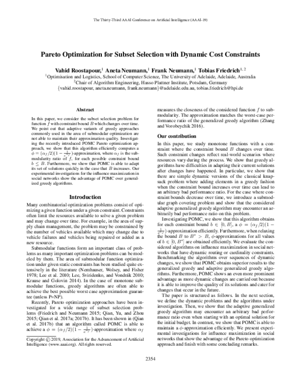 Pareto Optimization for Subset Selection with Dynamic Cost Constraints